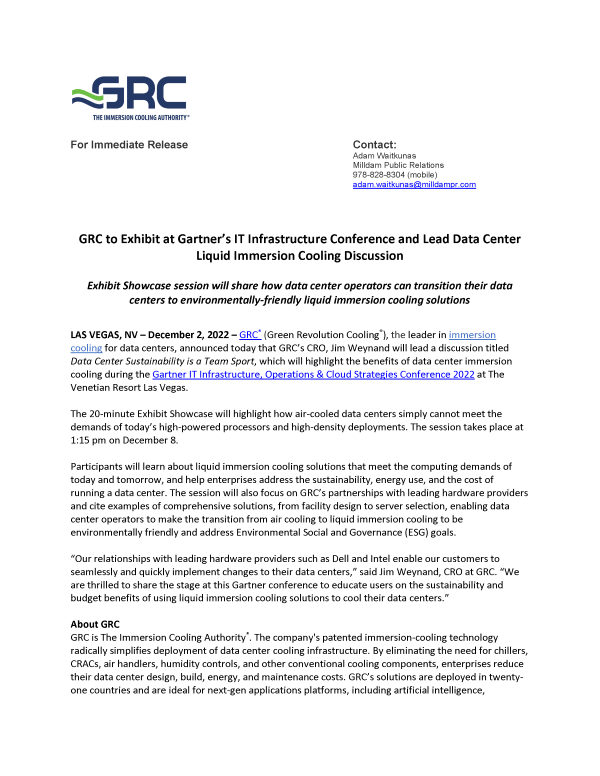 GRC to Exhibit at Gartner’s IT Infrastructure Conference and Lead Data ...